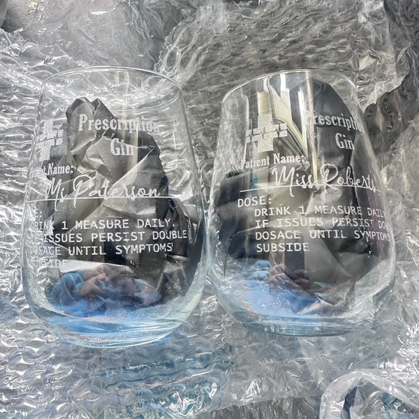 Personalised Engraved Stemless Gin Glass Novelty Etched Prescription ...