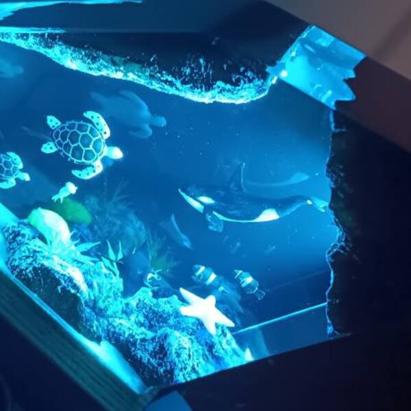 Turtle Family and Coral Reef Epoxy Resin Night Light Handmade Ocean ...