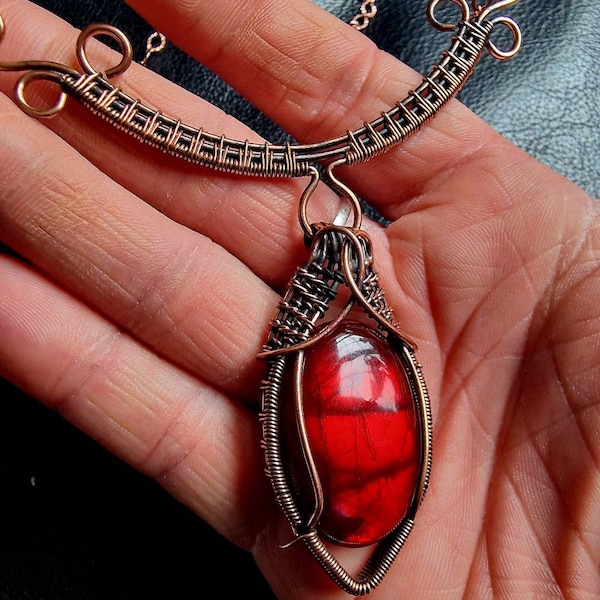Red Fire Labradorite Pendant Copper Wire Wrapped Gemstone Jewelry ...