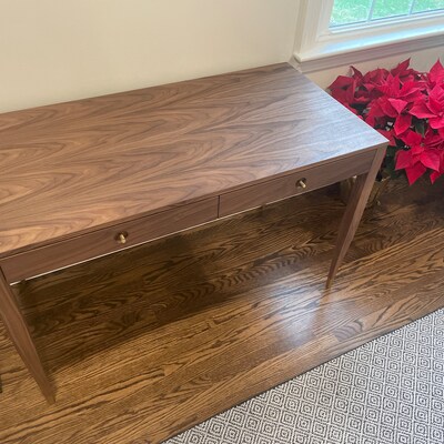 Walnut Office Desk With Two Solid Walnut Drawers, Shelf and Brass, Mid ...