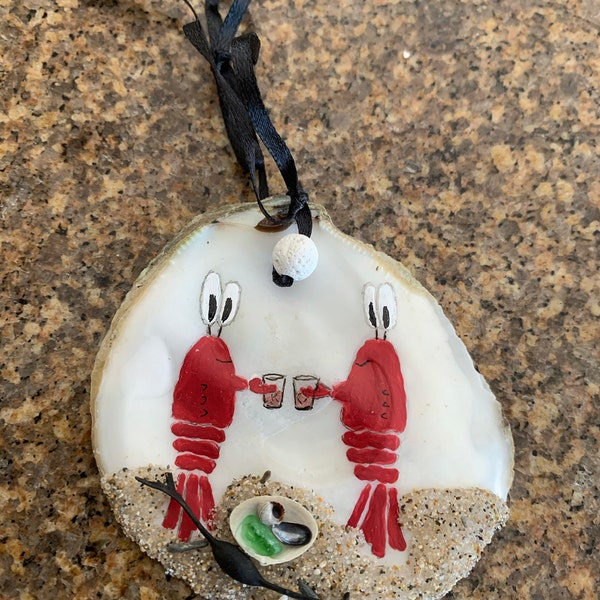 Hand Painted Maine Scallop Shell Ornament - Maine Lobsters Toasting Red ...