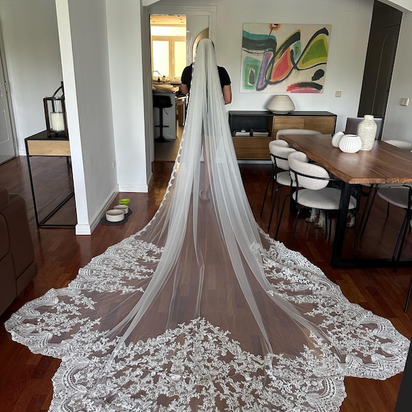 Red Cathedral Lace Veil One Layer Wedding Drape Veil Soft Tulle Veil ...