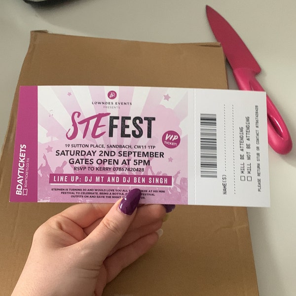 Personalised Festival VIP Ticket Style Party Invitations Invites ...
