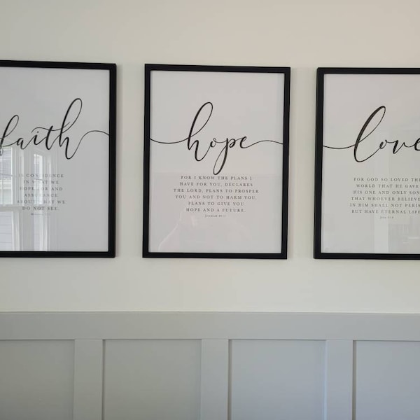 Faith Hope Love Bible Verse Wall Art Set of 3 Prints, Scripture Quote Hebrews 11, Jeremiah 29 ...