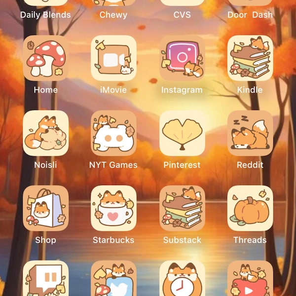Cute Autumn Fox App Icon Set | Kawaii Aesthetic Theme for Android Ios ...