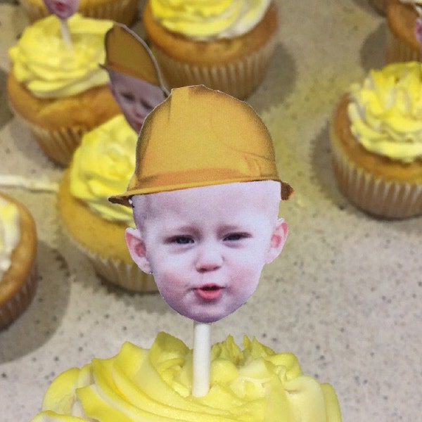 Construction Face Cupcake Toppers, Custom Photo Cake Picks, Digger ...