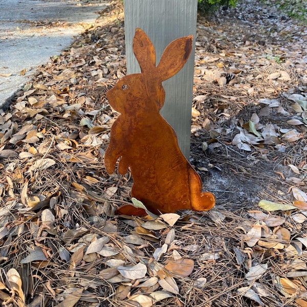 Rustic Metal Standing Rabbit Yard Art With Stake- Steel Bunnies- Metal ...