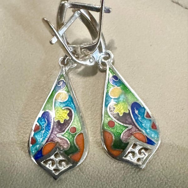 Georgian Cloisonne Enamel Ring Artisan Silver Jewelry Green and Yellow ...