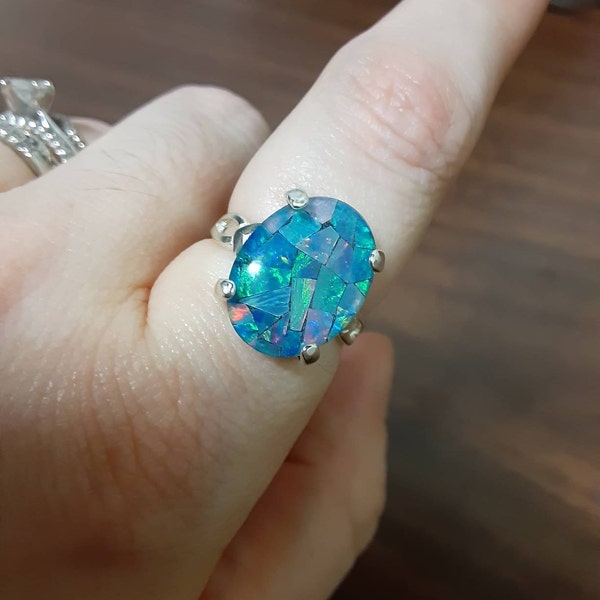 GENUINE Australian Opal Ring,mosaic Opal Ring,sterling Silver,opal Jewelry,birthstone,gift for ...