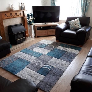 Thick Luxurious Teal Blue Silver Leaf Area Rugs Hand Carved High ...