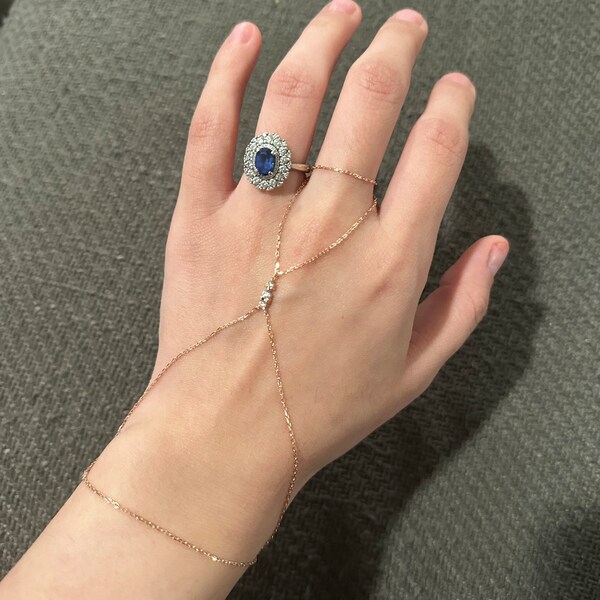 14K Solid Gold Hand Chain Bracelet, Gold Wrap Adjustable Bracelet, Ring ...