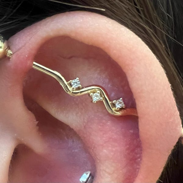 14k Solid Gold Bar Ear Cuff, Bar Ear Pin, Ear Wrap Crawler Hook ...