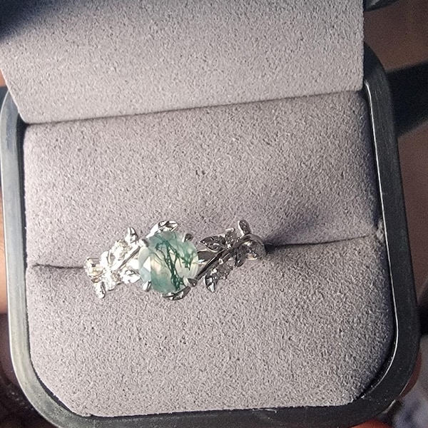 Vintage Moss Agate Engagement Ring Art Deco Leaf Promise Ring Nature ...