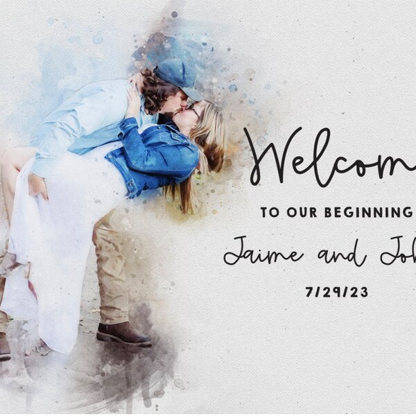 Wedding Welcome Sign Watercolor Couple Portrait,, Photo Wedding Sign ...