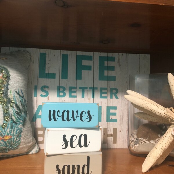 Beach Sign Mini Shelf Sitter Blocks Sand Waves Sea Stacking Blocks ...