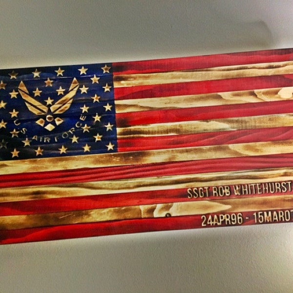 38"x19" Wooden American Flag W/ Marine Logo, Customizable Flag, Wood ...