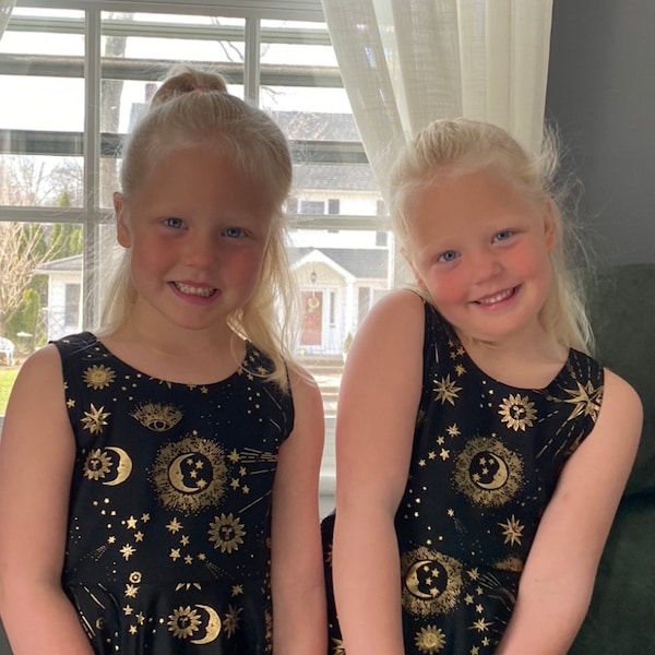 Cosmic Girls Dress Celestial Metallic Gold Stars and Moon Black Twirly ...