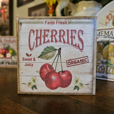 Wooden CHERRIES and Vintage SIGNS TIERED Tray Decor Shelf Sitter Bowl ...