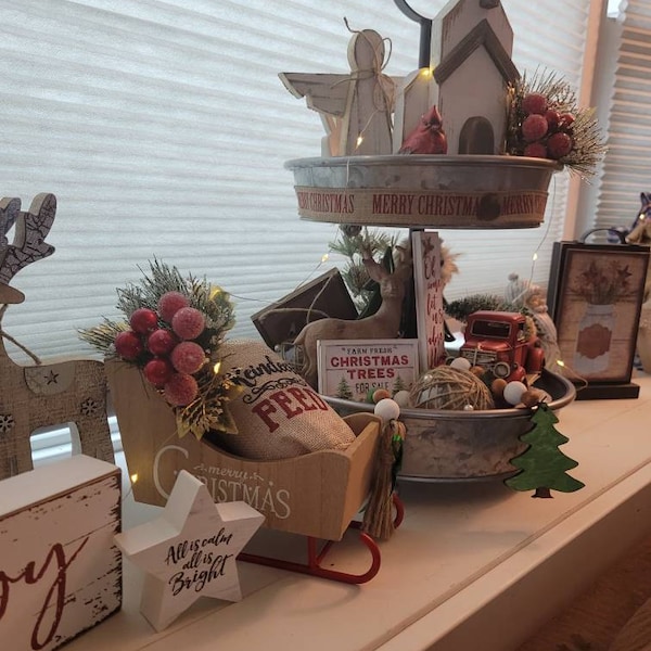 Farmhouse, Home Decor, Tiered Tray Decor, Christmas Decor, Handmade ...