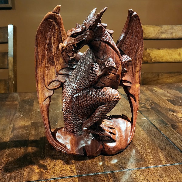 Wooden Dragon Statue 10.3", Unique Sculpture, Chinese Dragon, Mystical ...