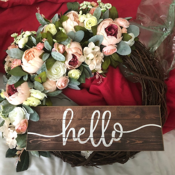 Hello Wreath, Wreaths for Front Door, Peony, Peonies, Lambs Ear, Summer ...