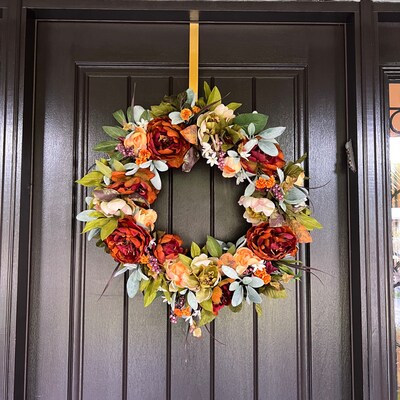 Fall Wreath With Sign for Front Door, Rust Leaves Autumn Wreath, White ...