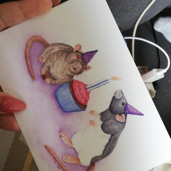 Rat Birthday Card - Two Rats Enjoying a Birthday Cake and Party - Rat ...