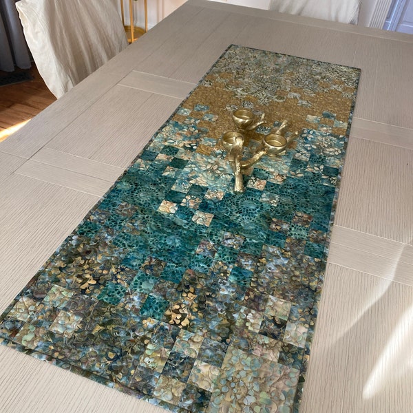 Quilted Batik Table Runner in Earth Tones With Blue, Modern Quilted ...