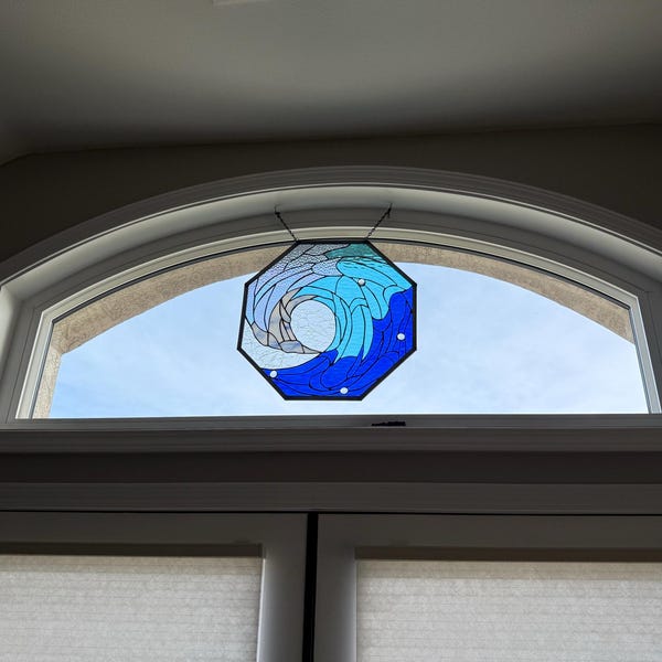 Octagon Ocean Wave Leaded Stained Glass Window Panel - Blue Room Stain ...
