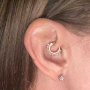 14k Solid Rose Gold Daith Piercing Blue Opal Cz's Clicker Ring..16g ...