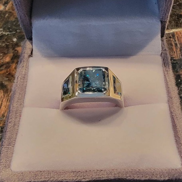 Aqua Blue Green Radiant Moissanite Ring for Him, Men's Ring, 6.20 TCW ...