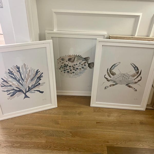 Navy Blue Coral Seaweed Wall Art Set of 3 Prints, Minimalist Watercolor ...