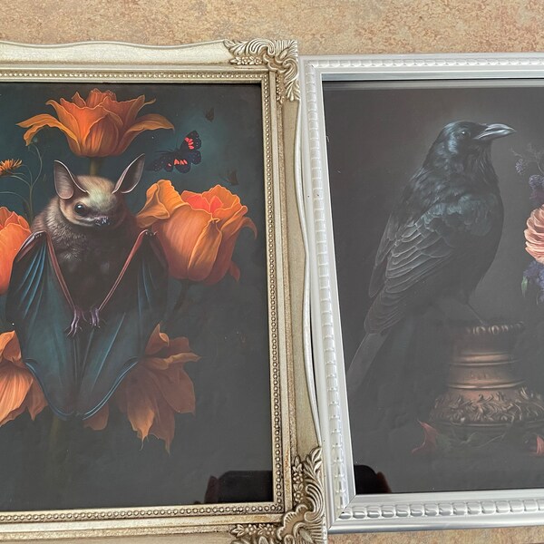 Black Raven Still Life Painting | Crow Perched With Floral, Black Bird ...