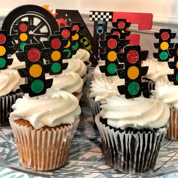 Traffic Light Cupcake Toppers Racing Birthday Glitter Cardstock Cupcake ...