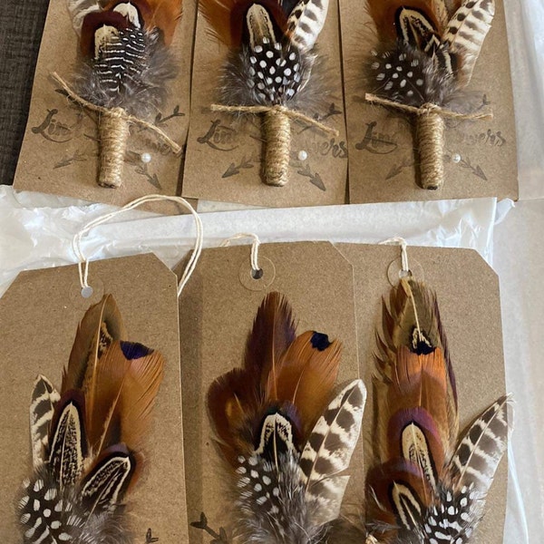 Set of 3 Mixed Pheasant Feather Rustic Boutonniere Groomsmen ...