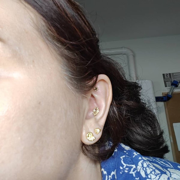 14K Solid Gold Natural Opal Sun Shape Stud/half Sun Cartilage Helix ...