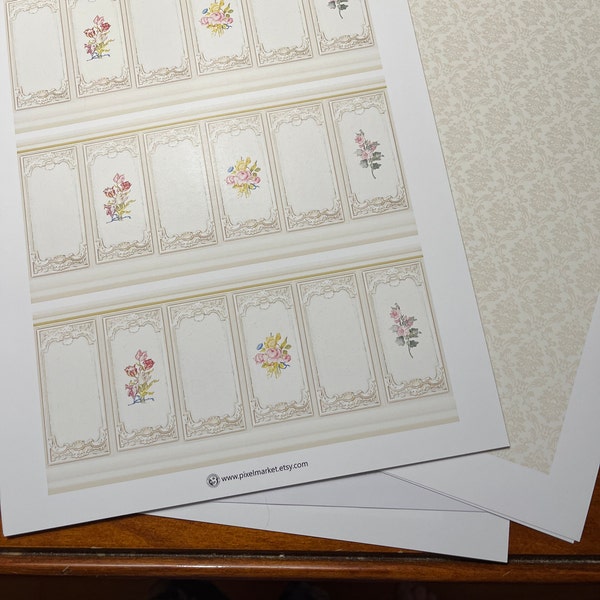 DOLLHOUSE Printable Damask WALLPAPER With WAINSCOTING Digital Sheet ...