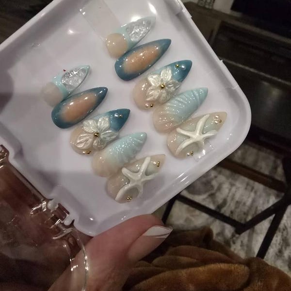 Tropical Beach Press on Nails |3D Sea Turtle & Shell Nail Art |coastal ...