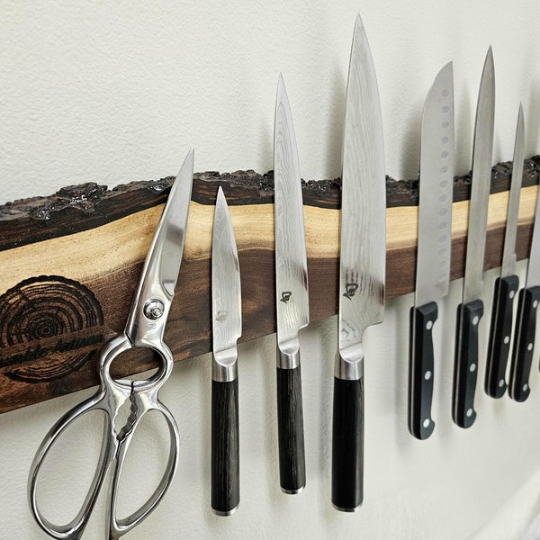 Magnetic Knife Rack Holder, Live Edge With Bark Canadian Walnut Knives ...