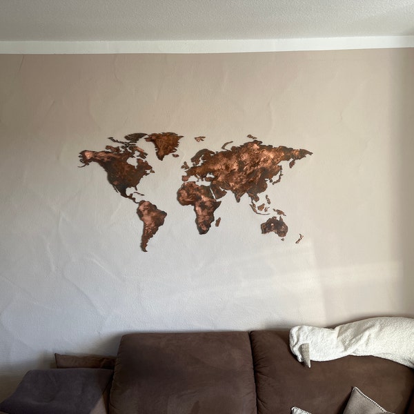 Metal World Map. Patinated Copper Wall Art. Large Copper Map. World Map ...