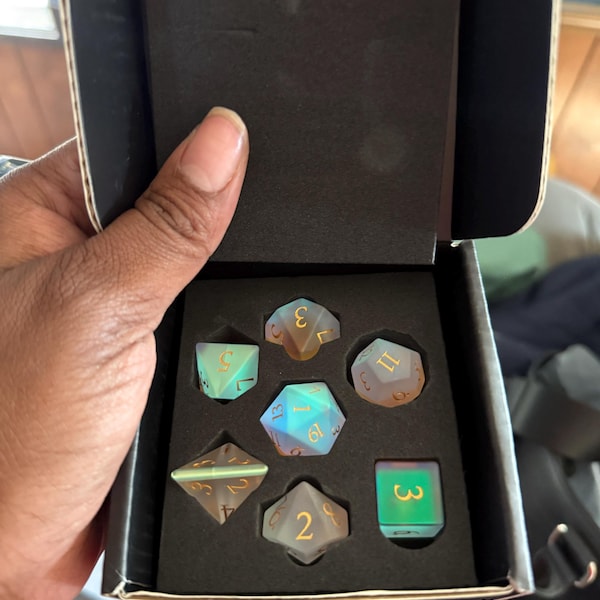 Full Dnd Dice Set | Satin Finish Dice | Rainbow Matt Glass| Dnd Gift |D20 Dice | D6| D10| D%| D4 ...