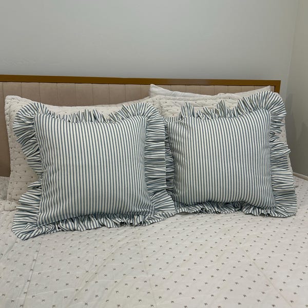 Green Ticking Stripe Ruffled Pillow Cover/cotton Pillow Cover/ticking ...
