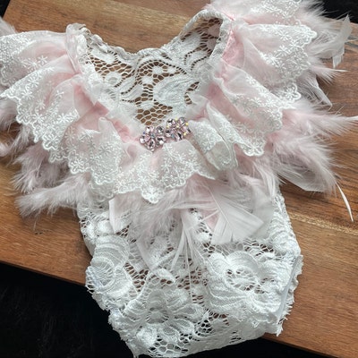 ROMPER ONLY, White Lace and Feather Romper, Newborn Photo Prop, Newborn ...