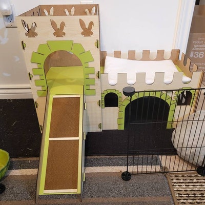 Bunny Castle With Twin Closed Towers, Oak Black Rabbit Palace With Two ...