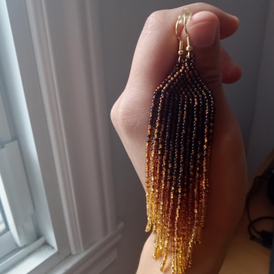 Beaded Earrings, Black Gold Very Long Earrings, Extra Long Earrings ...