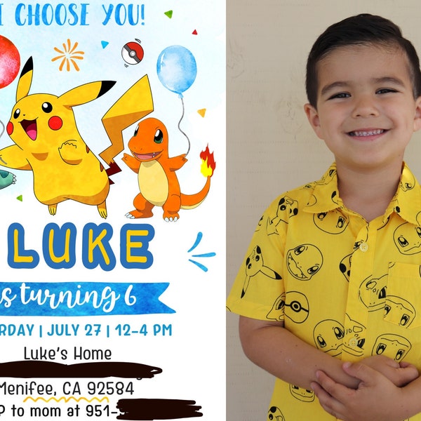Pikachu Card Birthday Invitation With Picture Photo Printable Editable ...