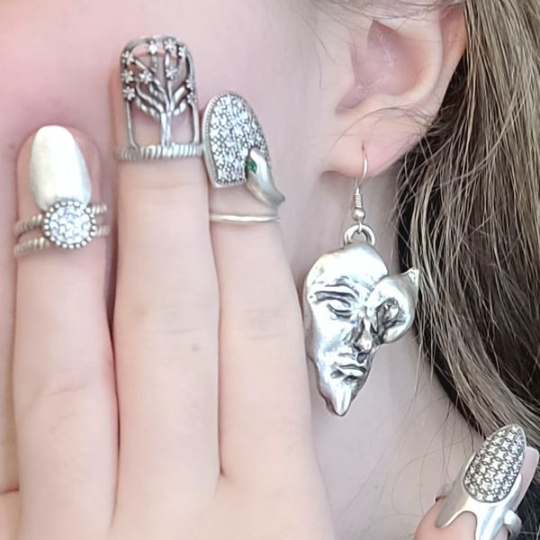 Boho Women Nail Ring Set: Silver Plated Adjustable Zircon Stone Unique ...