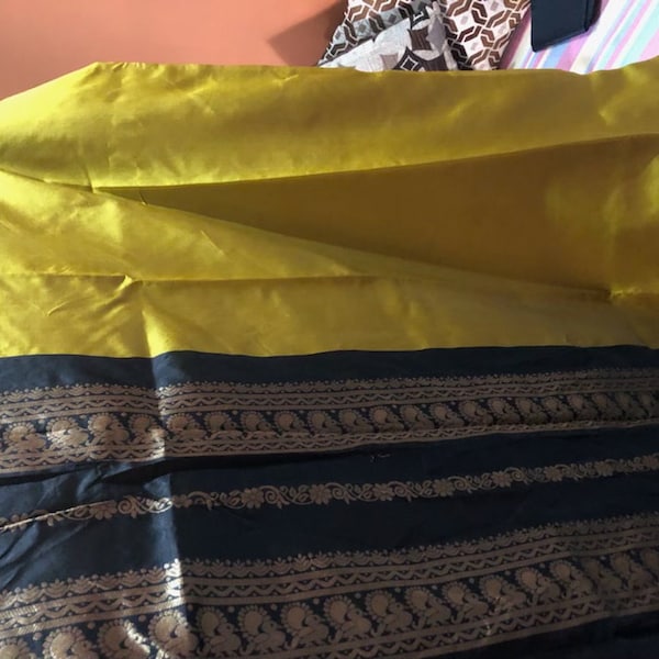 Methi Yellow Semi Silk Saree: Peacock Jari Border, Black Blouse, USA ...