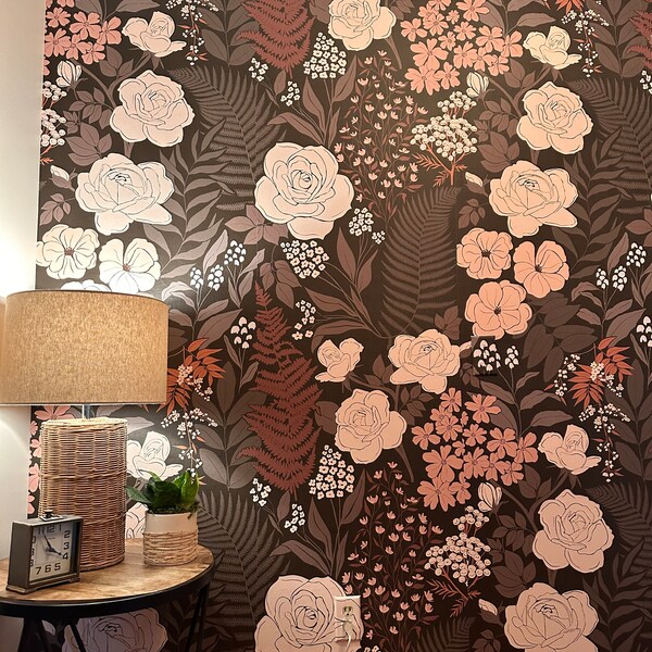 Flowers and Ferns Wallpaper / Hand Drawn Floral Design / Retro Floral ...