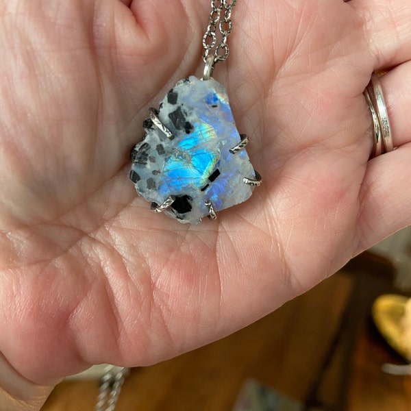 MOONSTONE SLAB Necklace | Raw Natural Rainbow Moonstone 925 Sterling ...